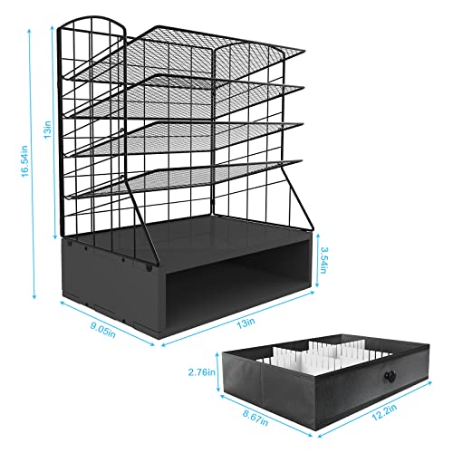 5-Trays File Organizer with Drawer,Mesh Desk Organizers,Letter Tray Paper Organizer,Height Adjustable File Holder for Office School Home(Black)