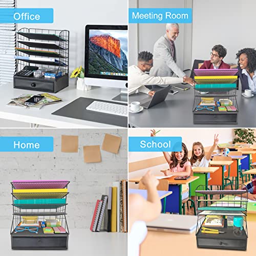 5-Trays File Organizer with Drawer,Mesh Desk Organizers,Letter Tray Paper Organizer,Height Adjustable File Holder for Office School Home(Black)