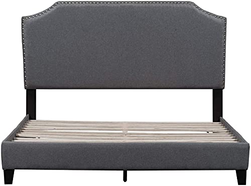 STP-Y Upholstered Platform Bed, Rockjame Full Bed Frame Mattress Foundation with Nailhead Trim Headboard and Plywood Slats, No Box Spring Required (Full) (Size : Full)