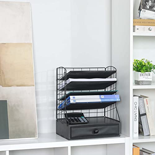 5-Trays File Organizer with Drawer,Mesh Desk Organizers,Letter Tray Paper Organizer,Height Adjustable File Holder for Office School Home(Black)