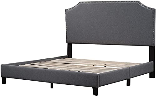 STP-Y Upholstered Platform Bed, Rockjame Full Bed Frame Mattress Foundation with Nailhead Trim Headboard and Plywood Slats, No Box Spring Required (Full) (Size : Full)