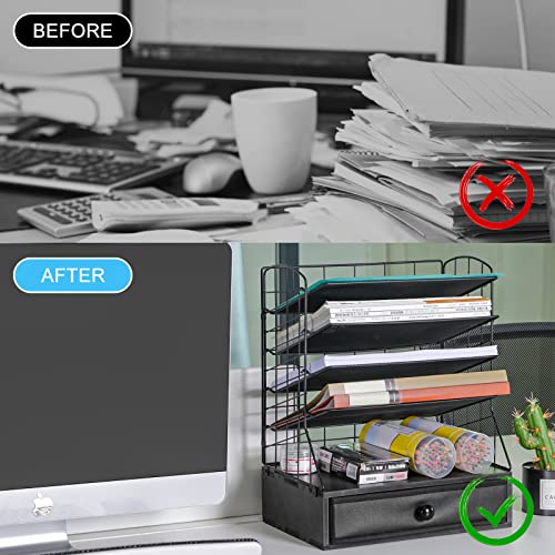 5-Trays File Organizer with Drawer,Mesh Desk Organizers,Letter Tray Paper Organizer,Height Adjustable File Holder for Office School Home(Black)