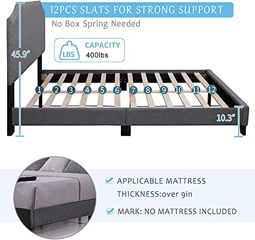 STP-Y Upholstered Platform Bed, Rockjame Full Bed Frame Mattress Foundation with Nailhead Trim Headboard and Plywood Slats, No Box Spring Required (Full) (Size : Full)
