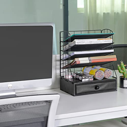 5-Trays File Organizer with Drawer,Mesh Desk Organizers,Letter Tray Paper Organizer,Height Adjustable File Holder for Office School Home(Black)