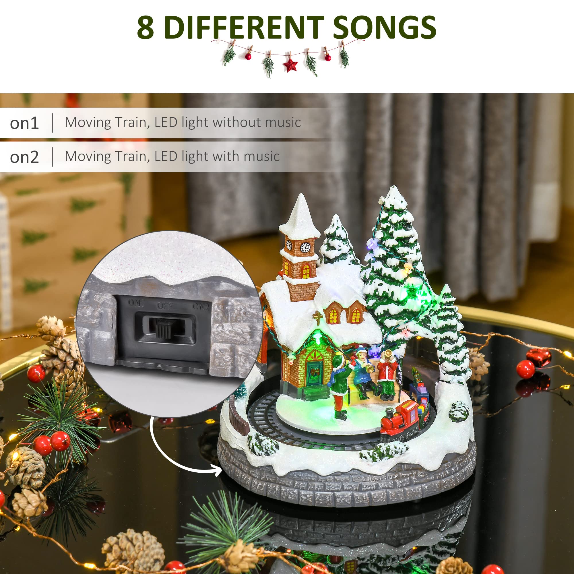HOMCOM Animated Christmas Village, Pre-lit Musical Collectable Decor with Moving Train for Indoor Holiday Displays, Built-in LED Lights for Tabletop