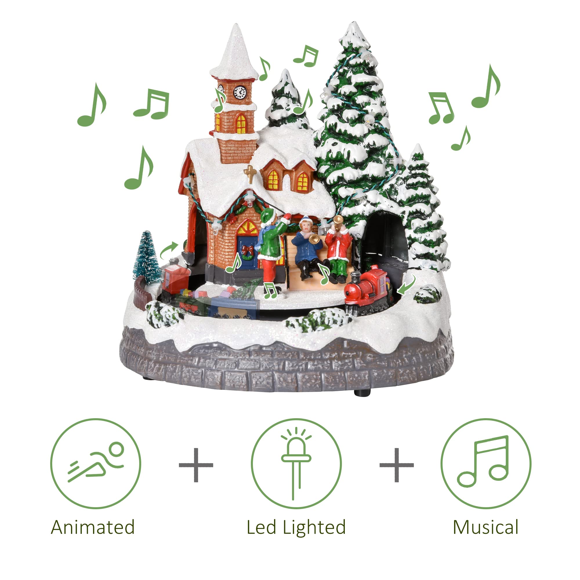HOMCOM Animated Christmas Village, Pre-lit Musical Collectable Decor with Moving Train for Indoor Holiday Displays, Built-in LED Lights for Tabletop