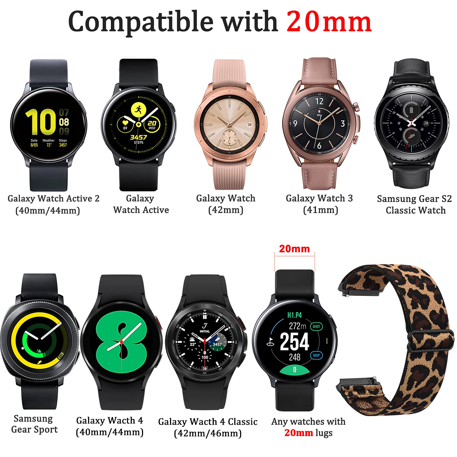 Wanme Elastic Bands for Samsung Galaxy Watch 4 40mm 44mm, Galaxy Watch 4 Classic 42mm 46mm, Galaxy Active 2 Band, 20mm Adjustable Soft Stretch Wristband for Galaxy Watch 4/Active 2 (Leopard)