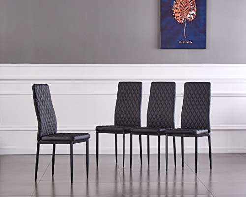 JT Modern Minimalist Dining Chair Fireproof Leather Sprayed Metal Pipe Diamond Grid Pattern Restaurant Home Conference Chair Set of 4 Or 6 (6, Black)