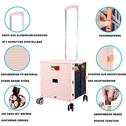 Foldable Utility Cart Folding Portable Rolling Crate Handcart Shopping Trolley Wheel Box with Lid Wear-Resistant Noiseless 360°Rotate Wheel for Travel Shopping Moving Storage Office Use (Pink)