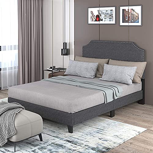 STP-Y Upholstered Platform Bed, Rockjame Full Bed Frame Mattress Foundation with Nailhead Trim Headboard and Plywood Slats, No Box Spring Required (Full) (Size : Full)