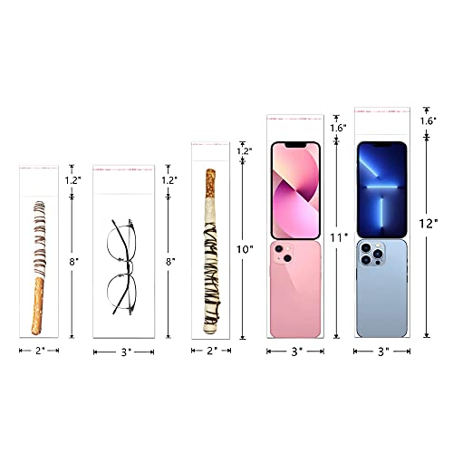 Long Self Adhesive Cellophane Bags 2x8" Clear Cello Baggies 100pcs Self Stick OPP Poly Bags 2mil for Pretzel Rods Pen Necklace Candy Cutlery Candle Golf Balls Long Bread (5 Sizes to Choose from)