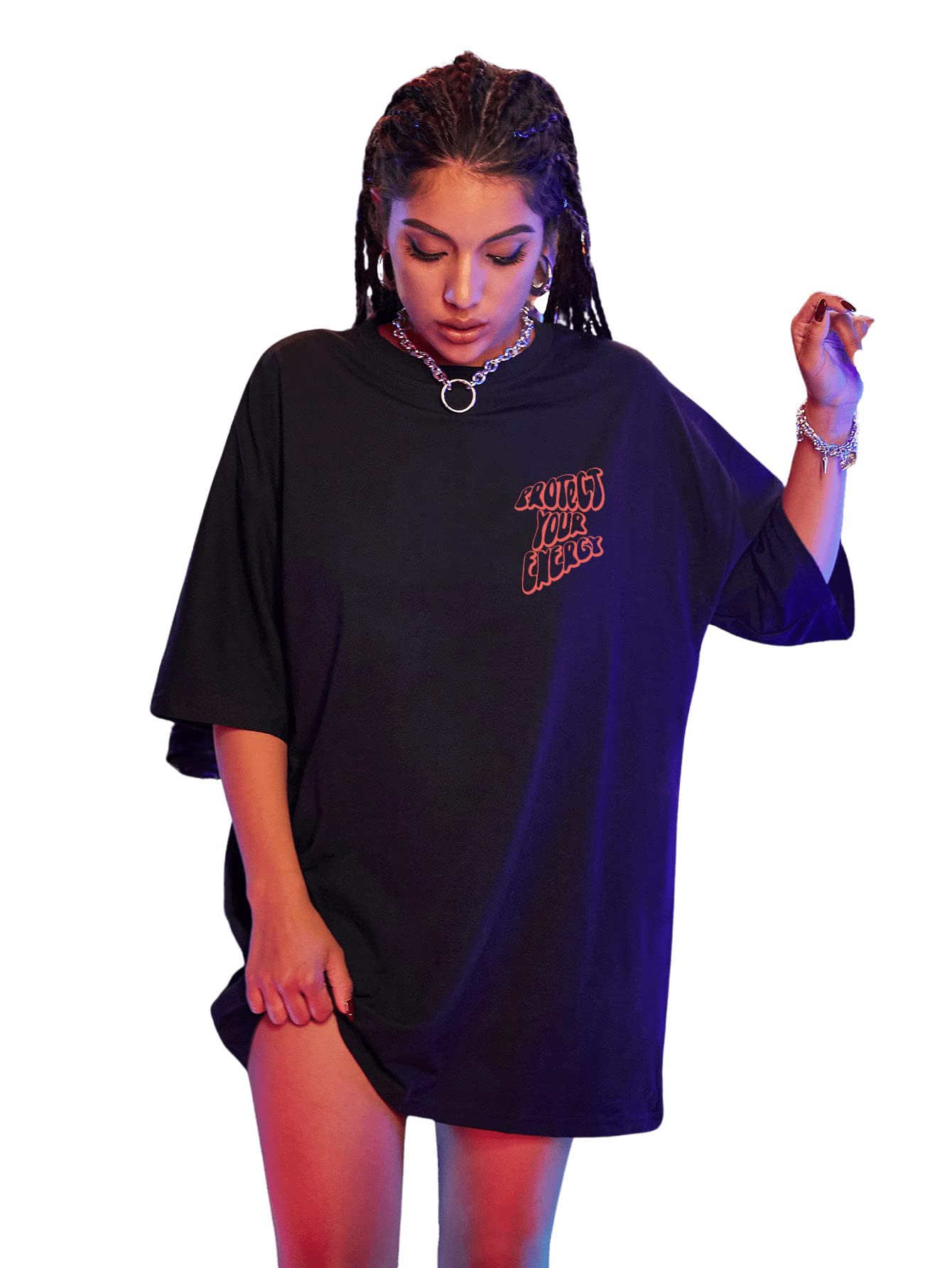SweatyRocks Women's Short Sleeve Oversized Graphic Tees Round Neck Loose T-Shirt A Black M