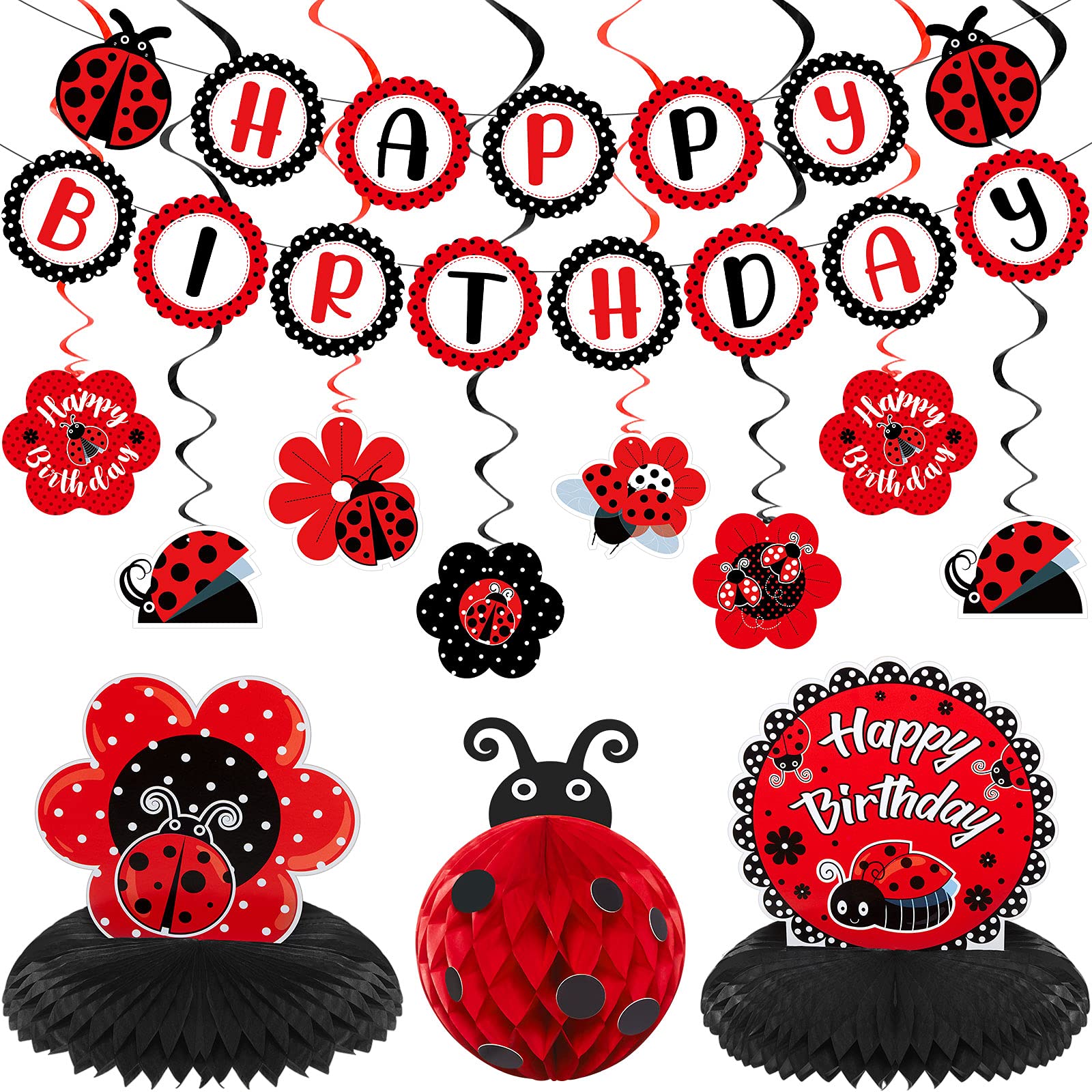 Ladybug Fancy Party Decoration Kit - Cute Birthday Banner, Honeycomb Centerpiece, Hanging Swirls for Girls Birthday Baby Shower Party Supplies