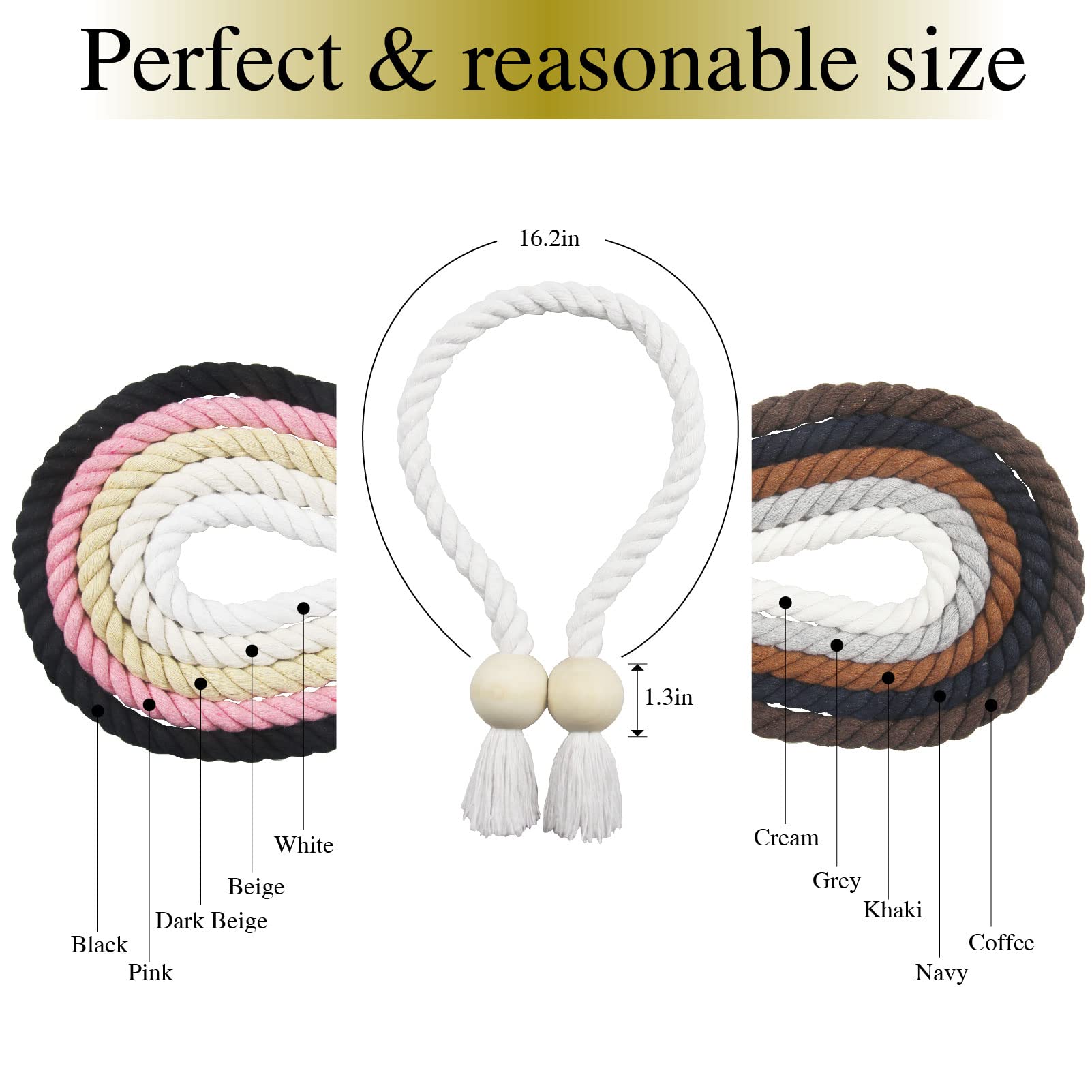 Porlau 2 Pack White Magnetic Curtain Tiebacks Cotton Hand Woven Tieback Holdback Decorative Tie Backs for Drapes with Wooden Buckle No Tools Required