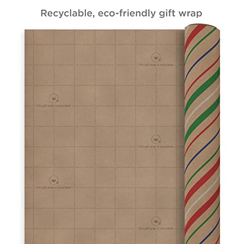 Hallmark Recyclable Christmas Wrapping Paper for Kids with Cut Lines on Reverse (4 Rolls: 88 sq. ft. ttl) Kraft Brown with Christmas Lights, Deer, Snowflakes, Red, Green, Blue Stripes