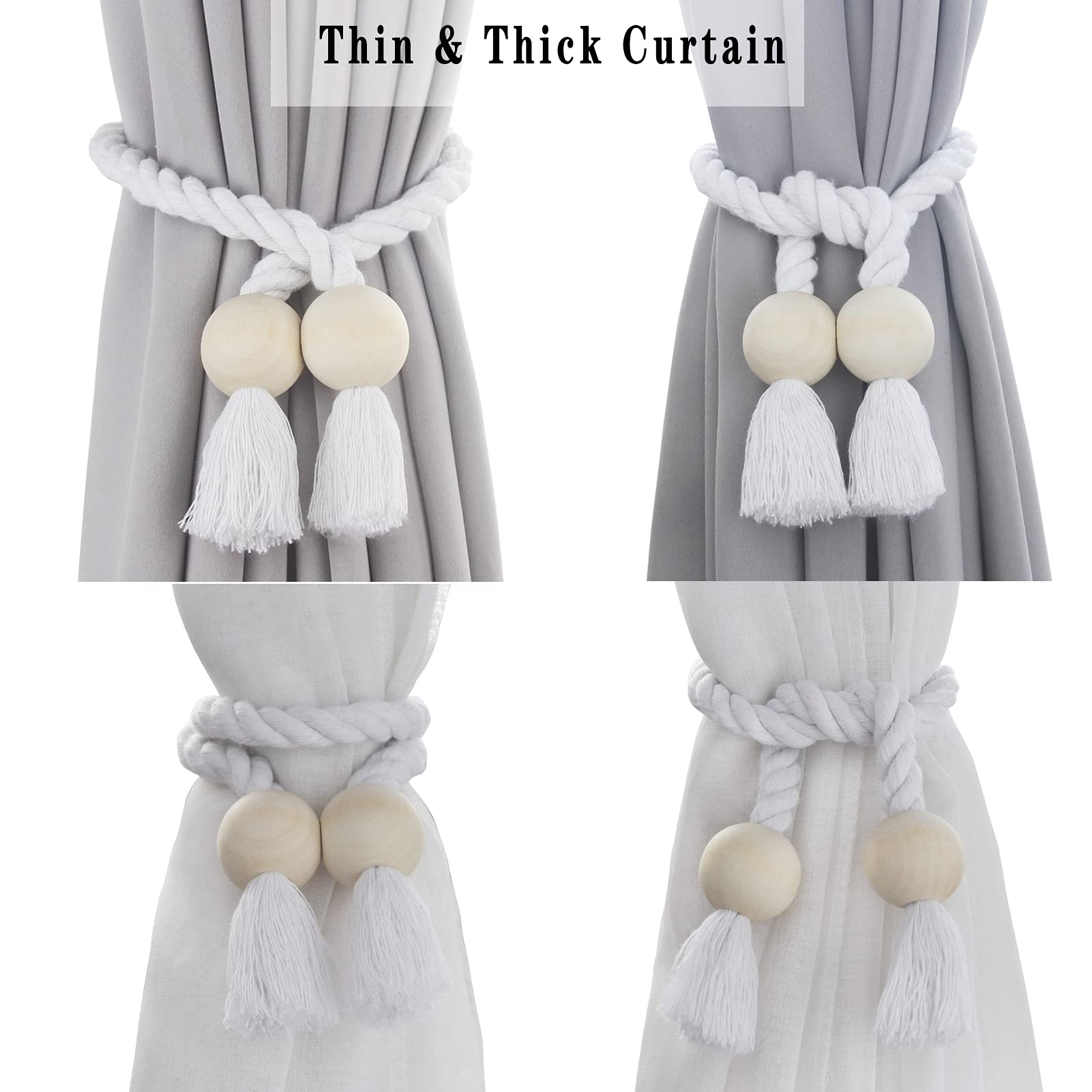 Porlau 2 Pack White Magnetic Curtain Tiebacks Cotton Hand Woven Tieback Holdback Decorative Tie Backs for Drapes with Wooden Buckle No Tools Required