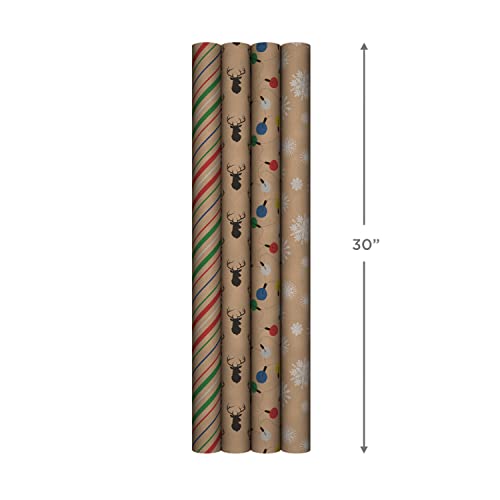 Hallmark Recyclable Christmas Wrapping Paper for Kids with Cut Lines on Reverse (4 Rolls: 88 sq. ft. ttl) Kraft Brown with Christmas Lights, Deer, Snowflakes, Red, Green, Blue Stripes