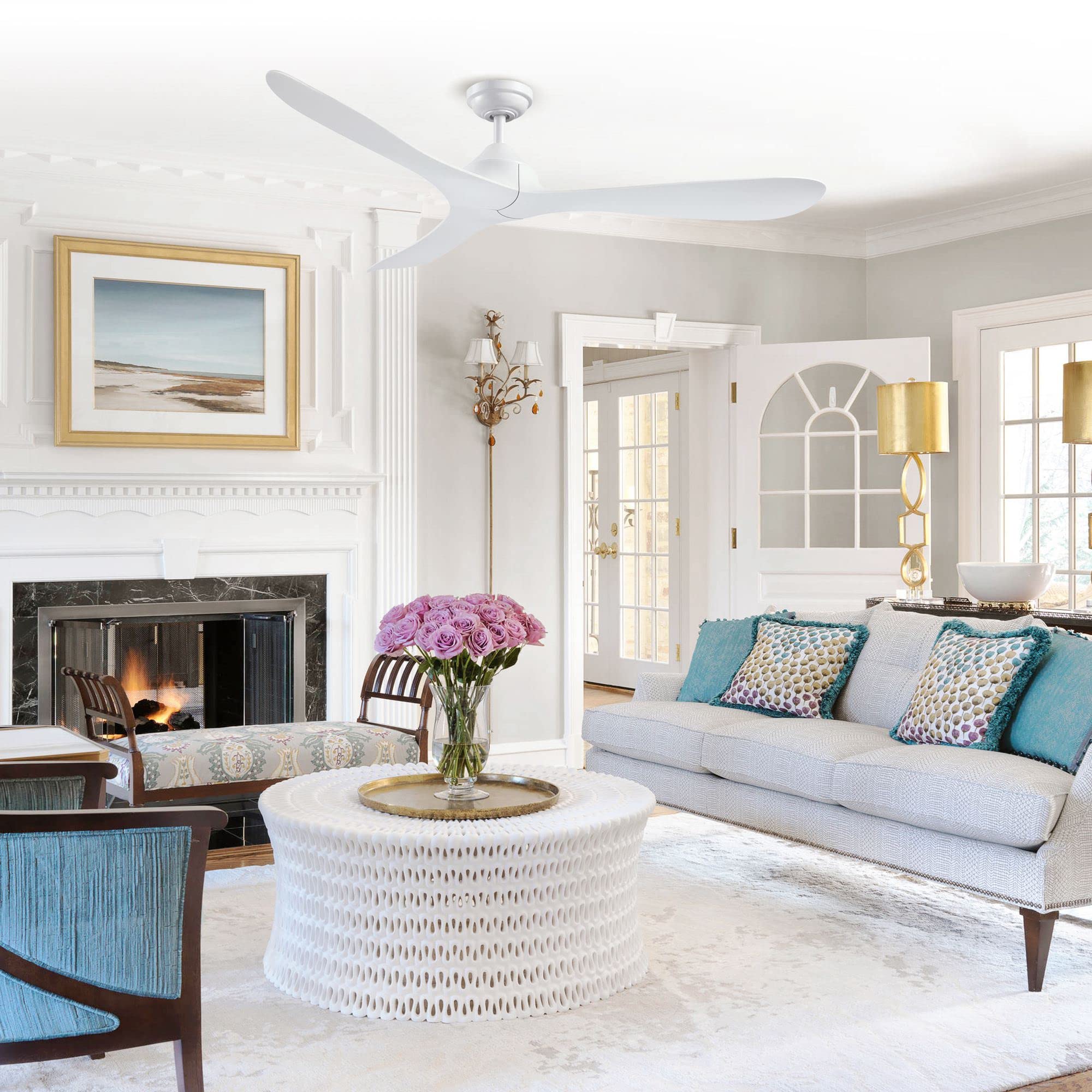 Ceiling Fans without Lights 56 Inch White Ceiling Fan No Light for Bedroom Living Room, Low Profile Outdoor Ceiling Fans for Patios, Remote Control, Reversible 3 Blades, Ventilador de Techo