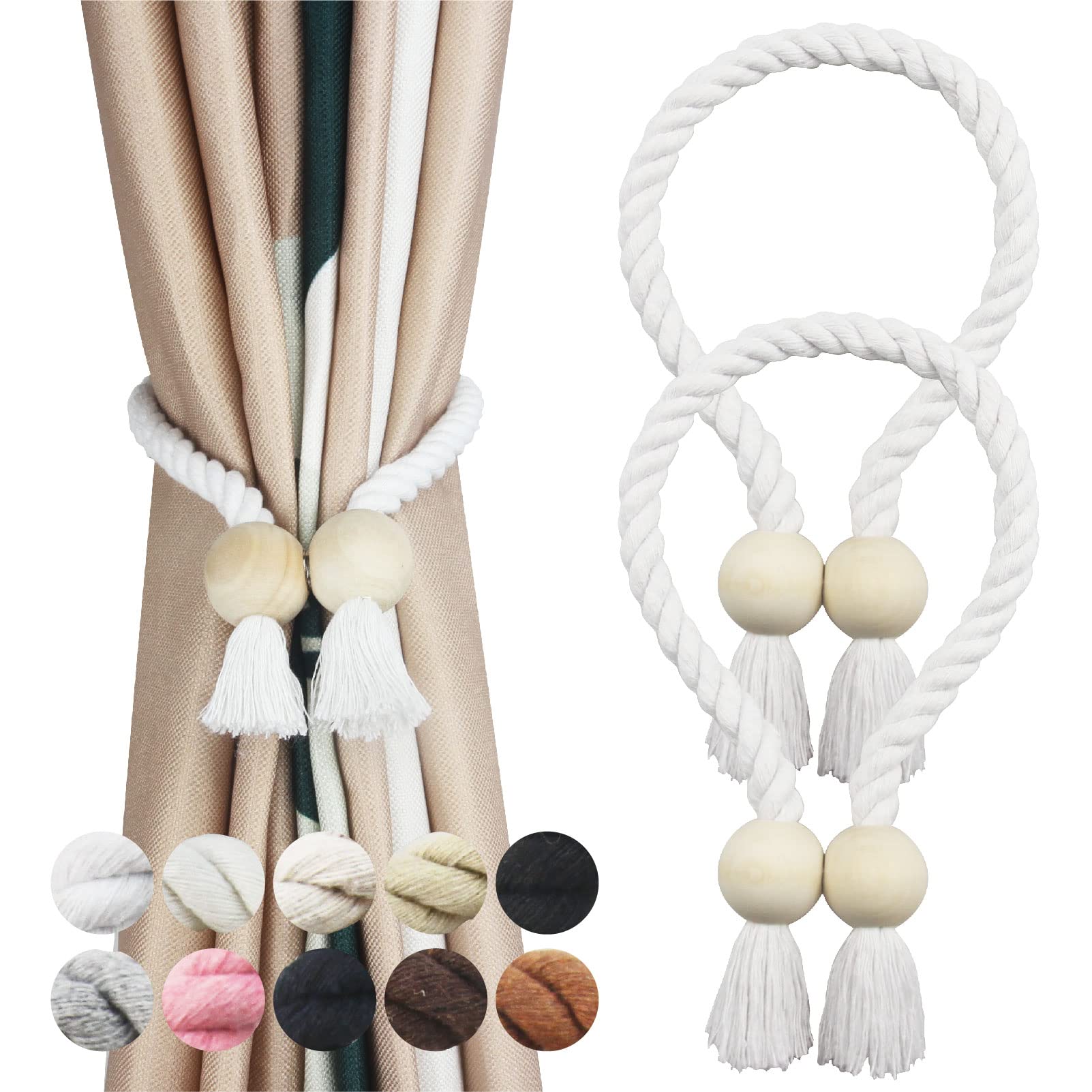 Porlau 2 Pack White Magnetic Curtain Tiebacks Cotton Hand Woven Tieback Holdback Decorative Tie Backs for Drapes with Wooden Buckle No Tools Required