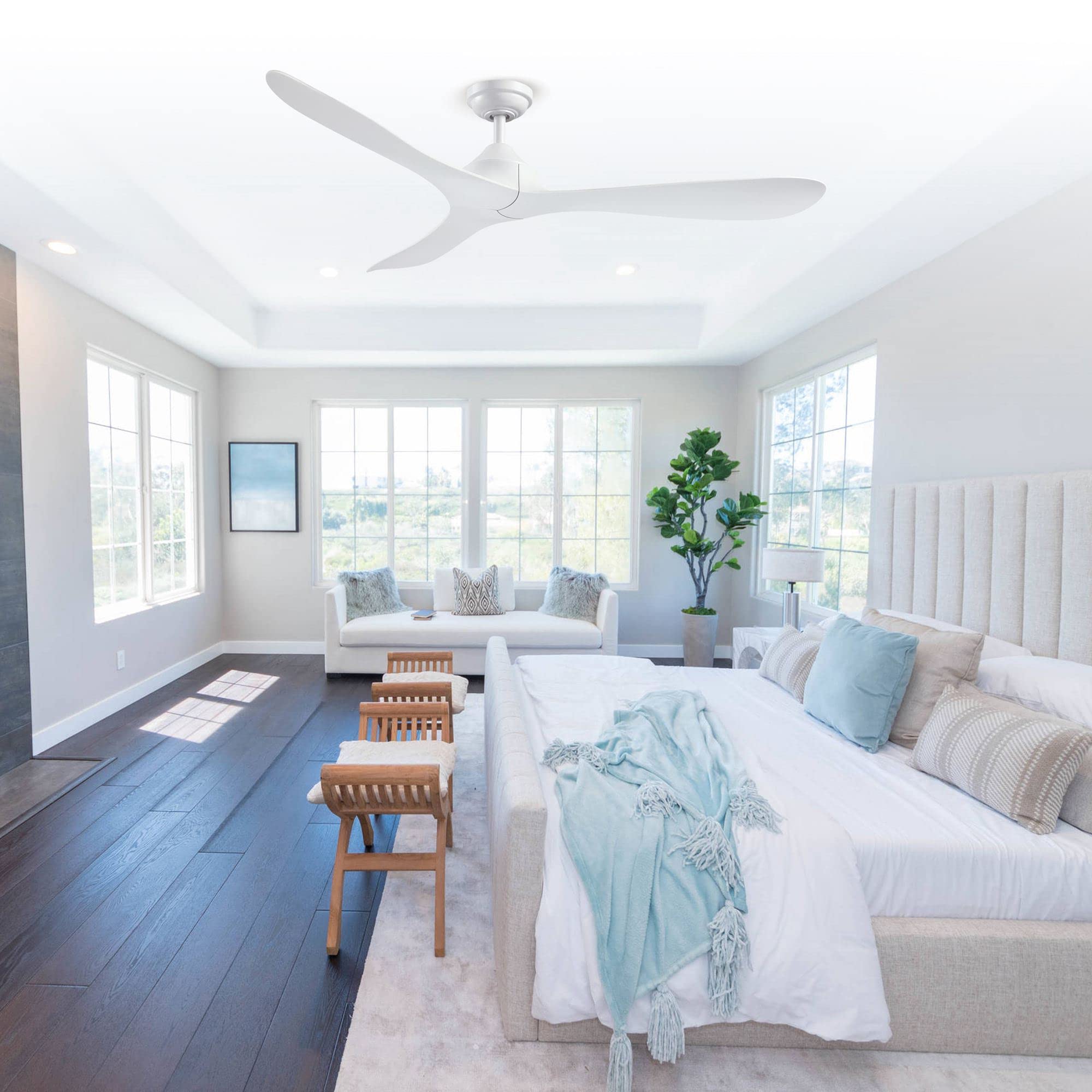 Ceiling Fans without Lights 56 Inch White Ceiling Fan No Light for Bedroom Living Room, Low Profile Outdoor Ceiling Fans for Patios, Remote Control, Reversible 3 Blades, Ventilador de Techo