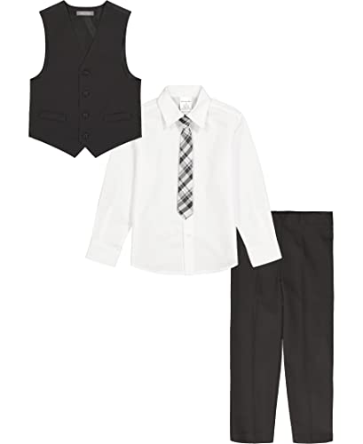 Van Heusen Boys' 4-Piece Formal Suit Set, Vest, Pants, Collared Dress Shirt, and Tie, Black/Red Stripe, 6