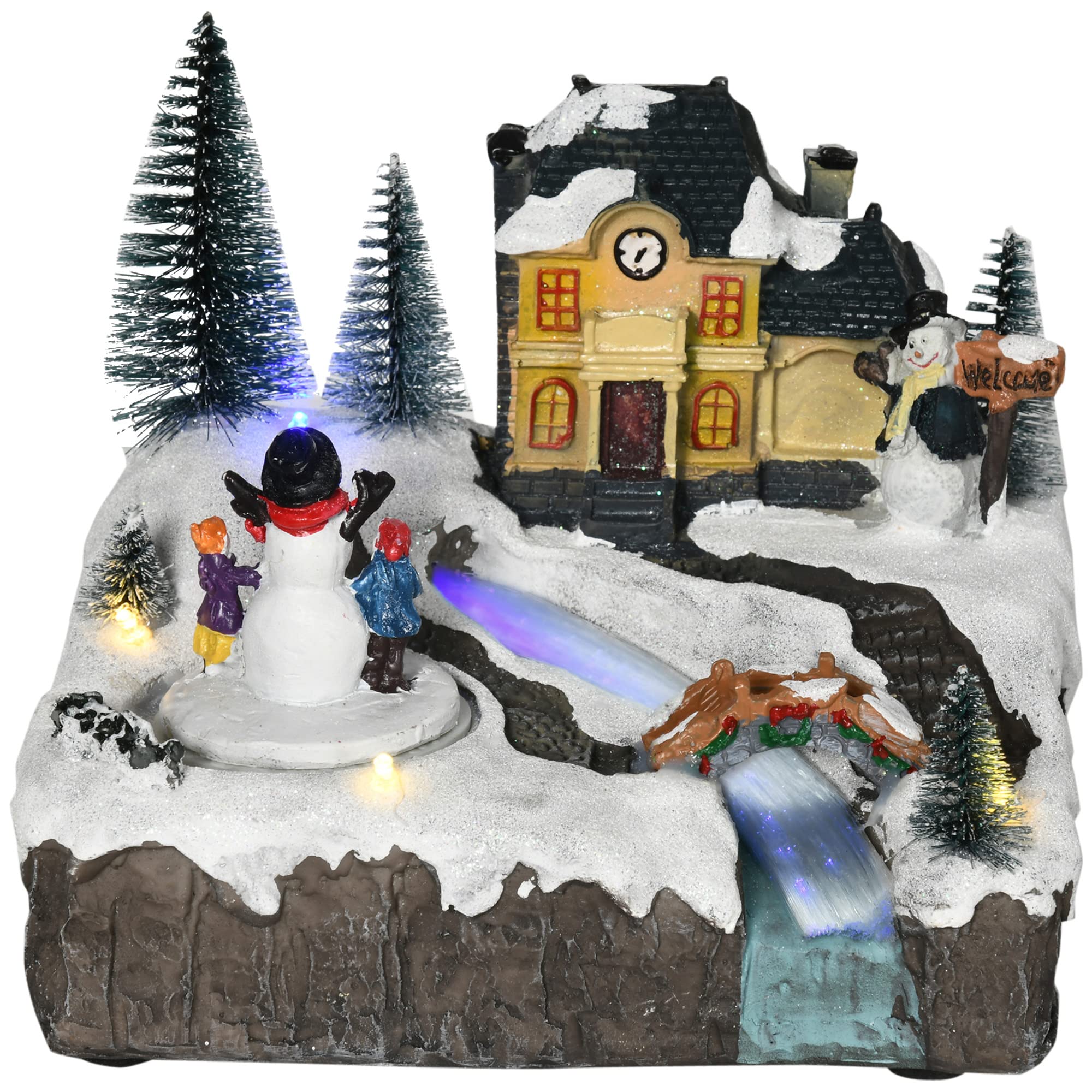 HOMCOM Christmas Village Rotating Skating Pond Animated Winter Wonderland Set with LED Light, Music, Fiber Optic, Battery-Operated Christmas Decoration