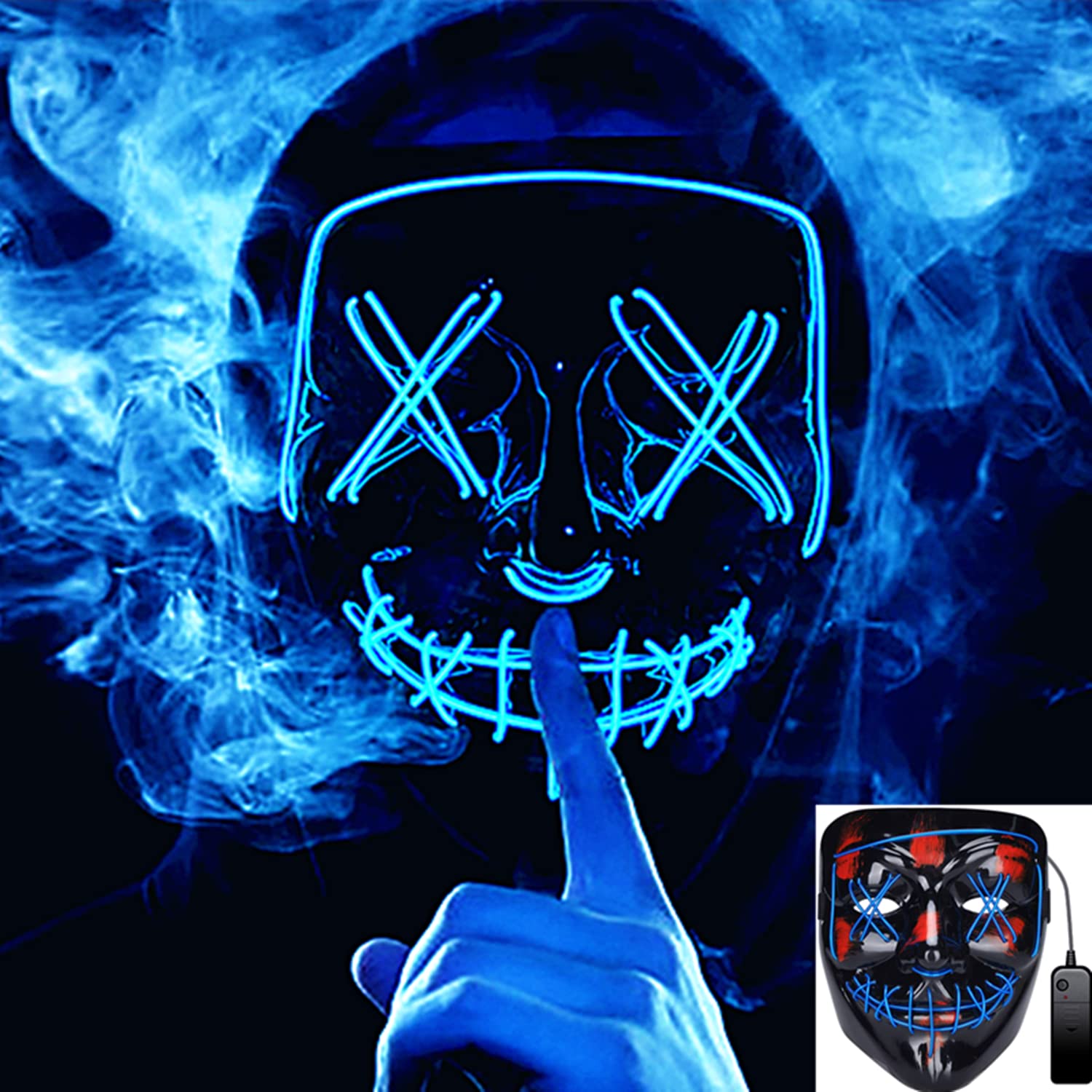 PENGYOU LED Halloween Mask Face El Wire Glow Scary Purge Light Up Masks LED for Women Men Kids Festival Gifts Blue, 8x6.9x3.5 inches