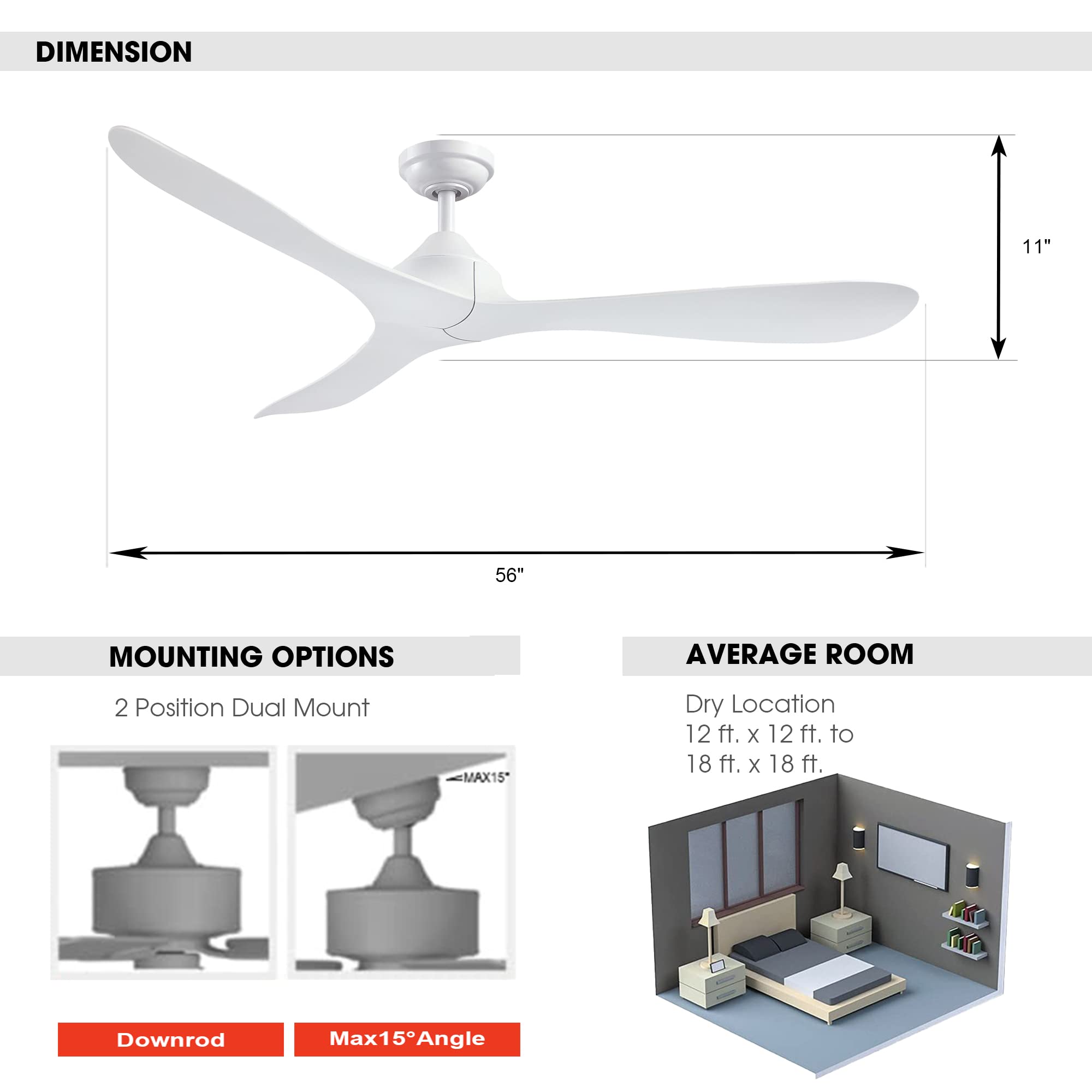 Ceiling Fans without Lights 56 Inch White Ceiling Fan No Light for Bedroom Living Room, Low Profile Outdoor Ceiling Fans for Patios, Remote Control, Reversible 3 Blades, Ventilador de Techo