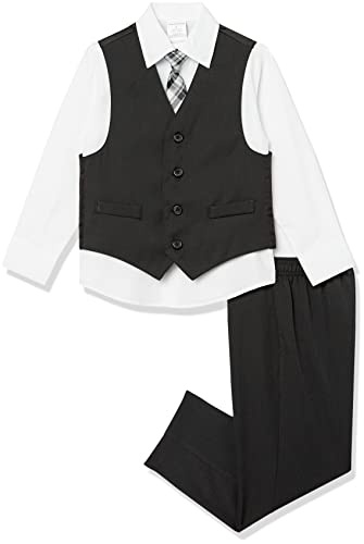 Van Heusen Boys' 4-Piece Formal Suit Set, Vest, Pants, Collared Dress Shirt, and Tie, Black/Red Stripe, 6