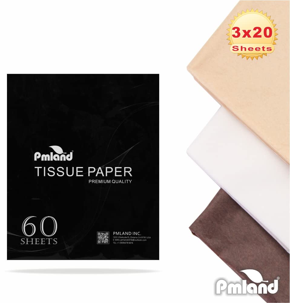 PMLAND Gift Wrapping Tissue Paper - Brown/Light Brown/White Assorted - 20 Inches x 26 Inches 60 Sheets