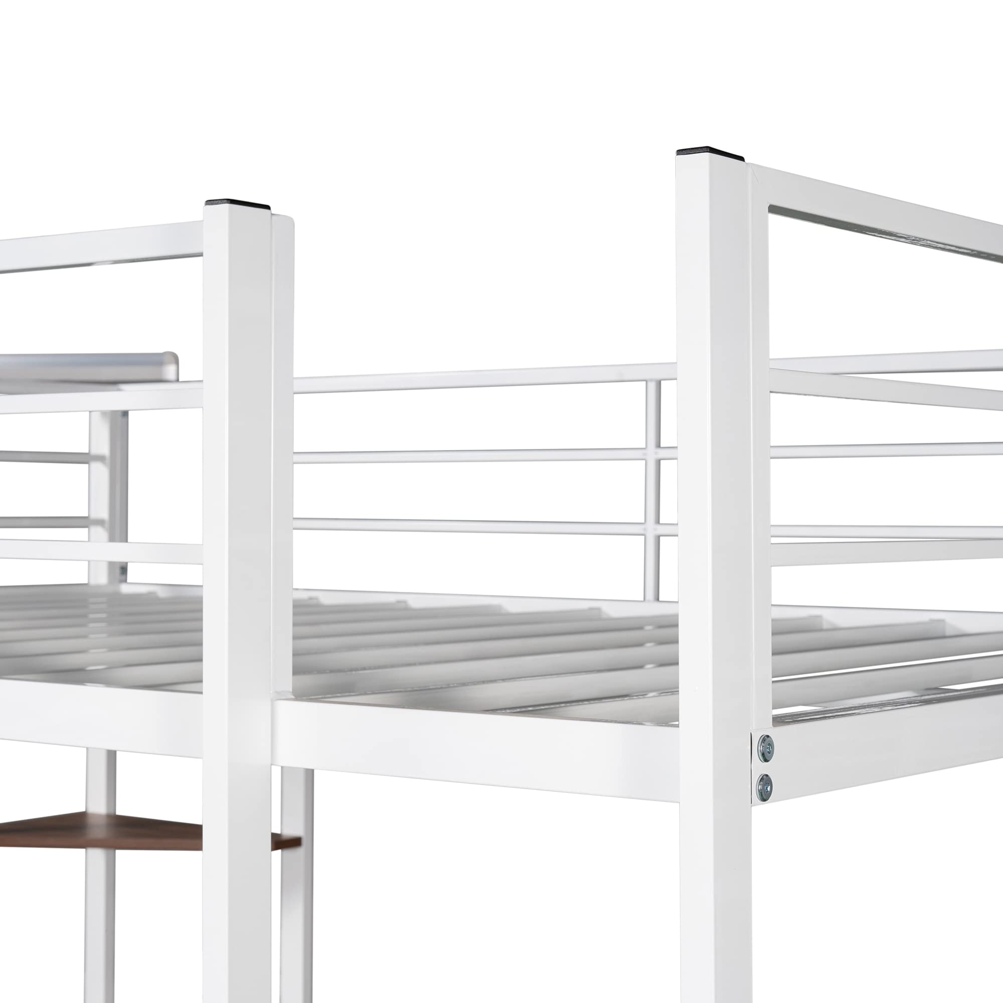 Full Size Metal Loft Bed with Shelves and one Desk, Multifunctional Loft Bed Frame for Teens/Adults (White, Full)