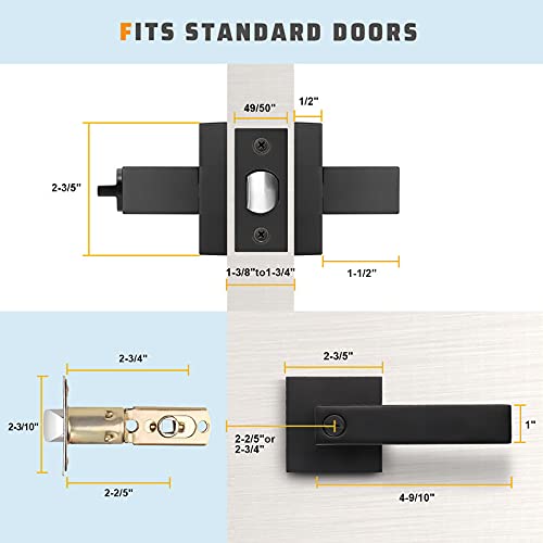 KNOBWELL 8 Pack Matte Black Interior Privacy Door Knob, Bedroom Doorknob with Lock, Square Lever Door Handle, Heavy Duty Black Lever Handle