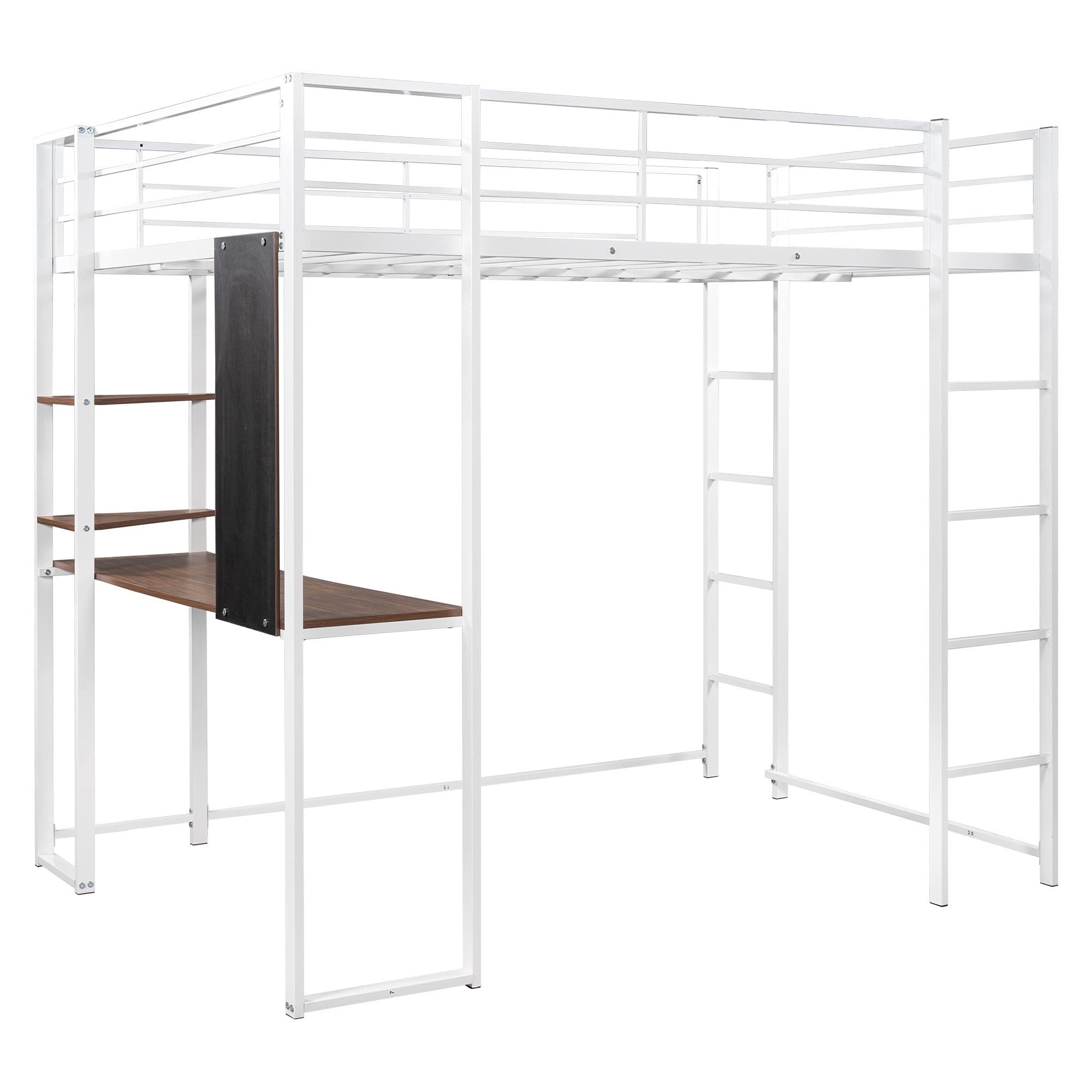 Full Size Metal Loft Bed with Shelves and one Desk, Multifunctional Loft Bed Frame for Teens/Adults (White, Full)