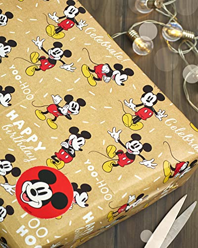 UK Greetings Mickey Mouse Packaged Wrap - Disney Gift Wrap - Sheet Wrap - Birthday Wrapping Paper - Happy Birthday - 2 Sheets and 2 Tags, Multi
