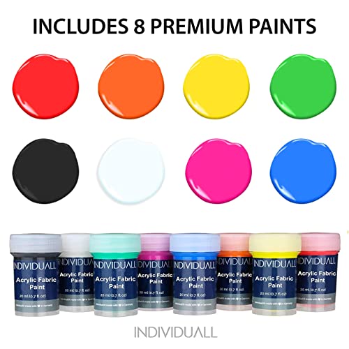 individuall Premium Fabric & Textile Paints Professional Grade Clothing Paint Set Art and Hobby Paints Craft Paint Set with 8 x 20 ml / 0.7 fl oz Vivid Colors For Beginners, Students, & Artists