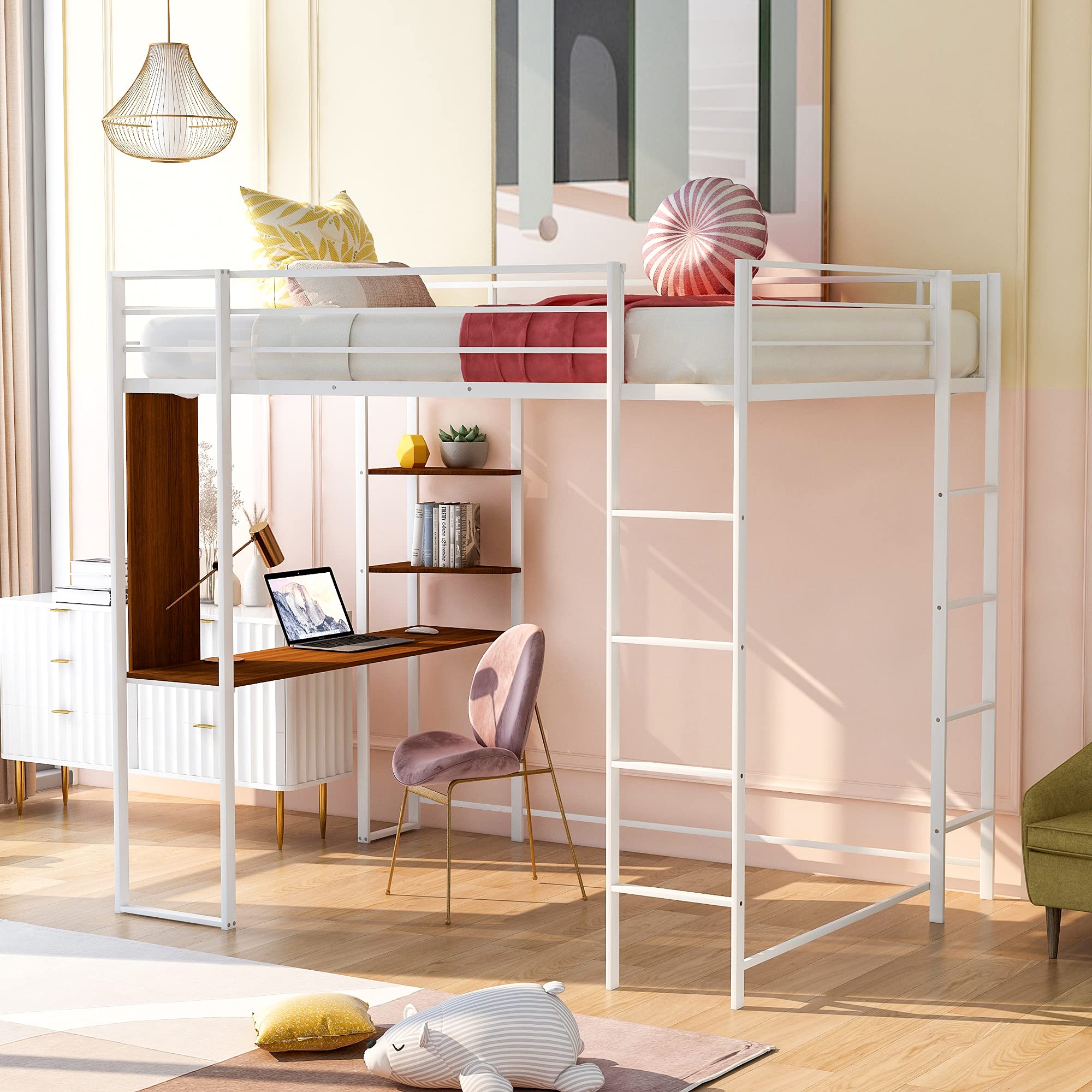 Full Size Metal Loft Bed with Shelves and one Desk, Multifunctional Loft Bed Frame for Teens/Adults (White, Full)