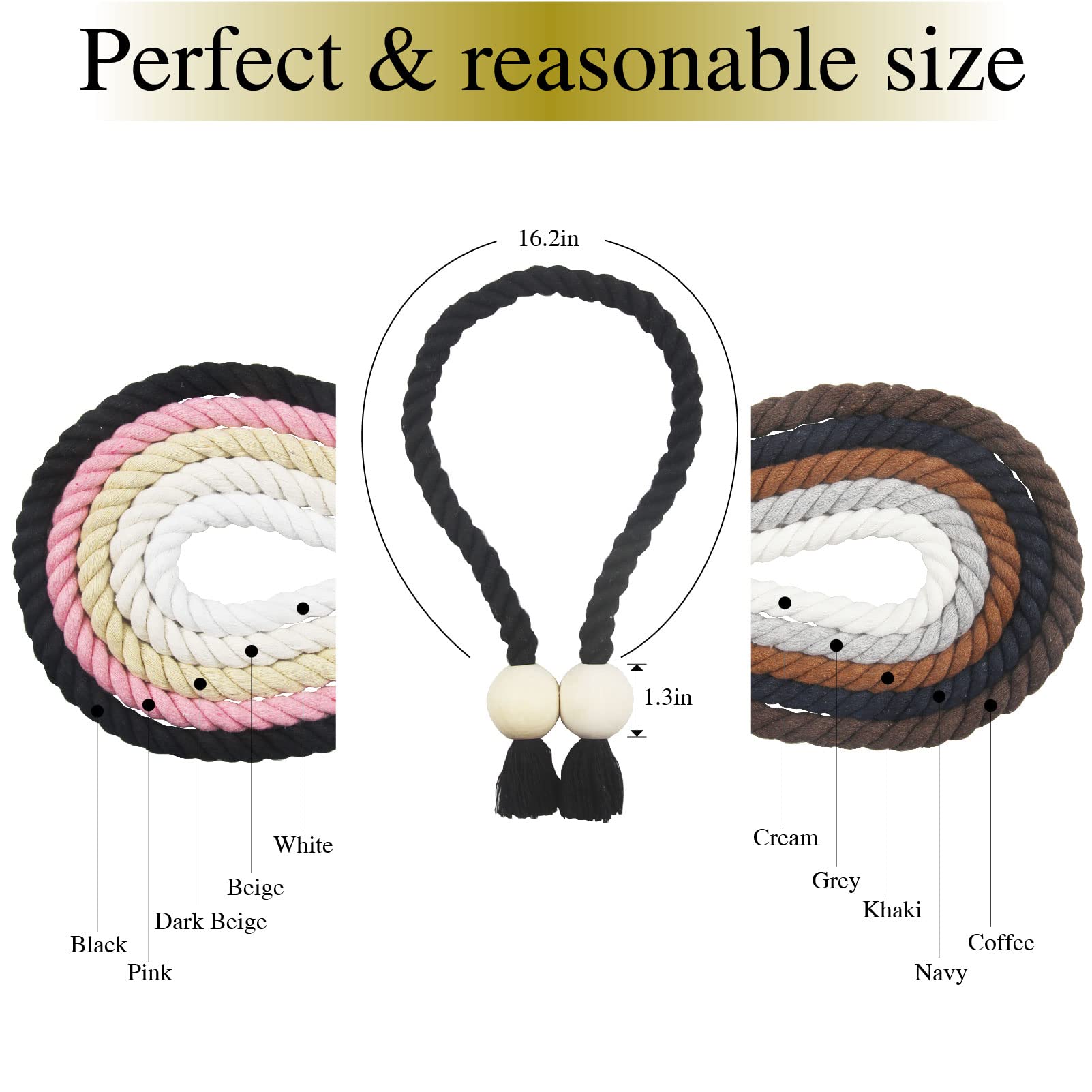 Porlau 2 Pack Black Magnetic Curtain Tiebacks Cotton Hand Woven Tieback Holdback Decorative Tie Backs for Drapes with Wooden Buckle No Tools Required
