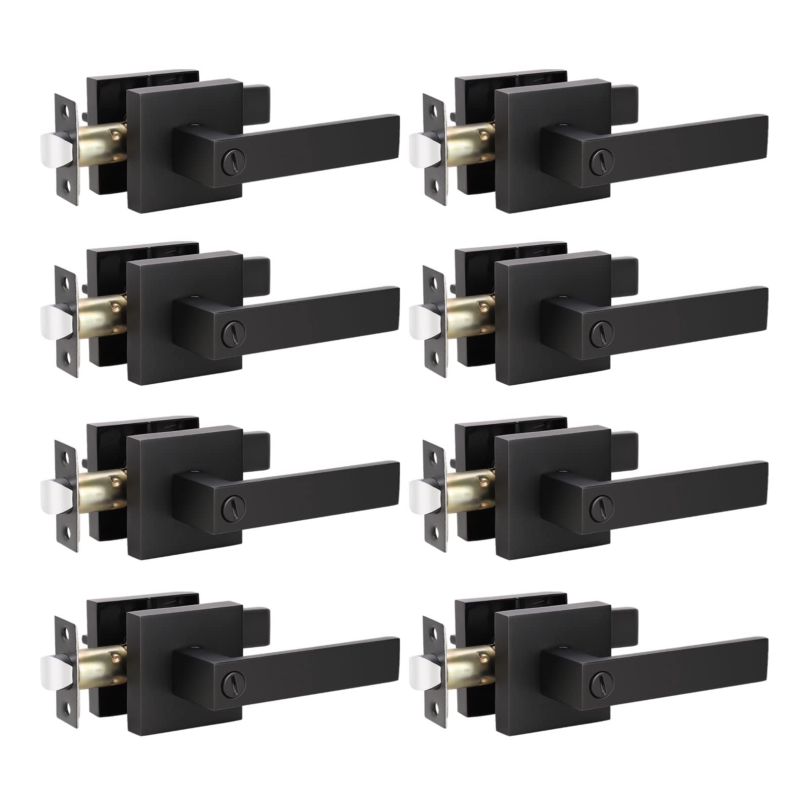 KNOBWELL 8 Pack Matte Black Interior Privacy Door Knob, Bedroom Doorknob with Lock, Square Lever Door Handle, Heavy Duty Black Lever Handle