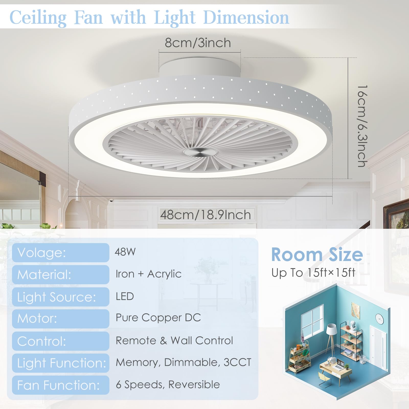 POWROL Ceiling Fans with Lights Low Profile Flush Mount with Remote Control 3 Wind Speeds Dimmable 3 Colors Iron 19Inch Invisible 8 Bladeless Enclosed White Fan Light for Bedroom Kitchen