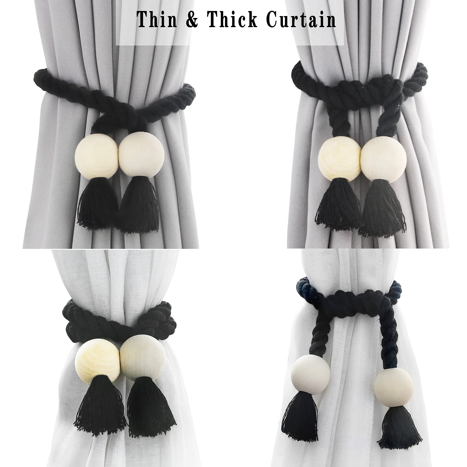 Porlau 2 Pack Black Magnetic Curtain Tiebacks Cotton Hand Woven Tieback Holdback Decorative Tie Backs for Drapes with Wooden Buckle No Tools Required
