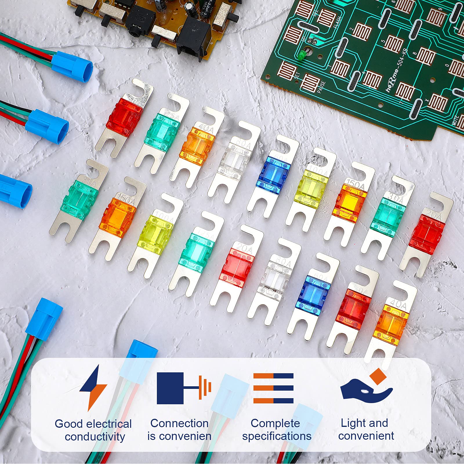 Frienda 18 Pcs Mini ANL Fuse Plated Pack Car Audio Fuses Holder kit for Automotive Marine Audio Video Electronic System(20A, 30A, 40A, 50A, 60A, 80A, 100A, 125A, 150A)
