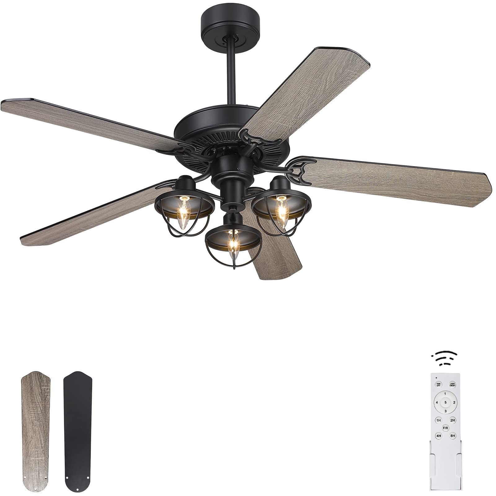 YOUKAIN Farmhouse Wooden Ceiling Fans, 52 Inch Industrial Ceiling Fan with 3 Lights and Remote Control, 5-Reversible Blades Indoor/Outdoor, Matte Black/Barnwood Finish, 52-YJ631