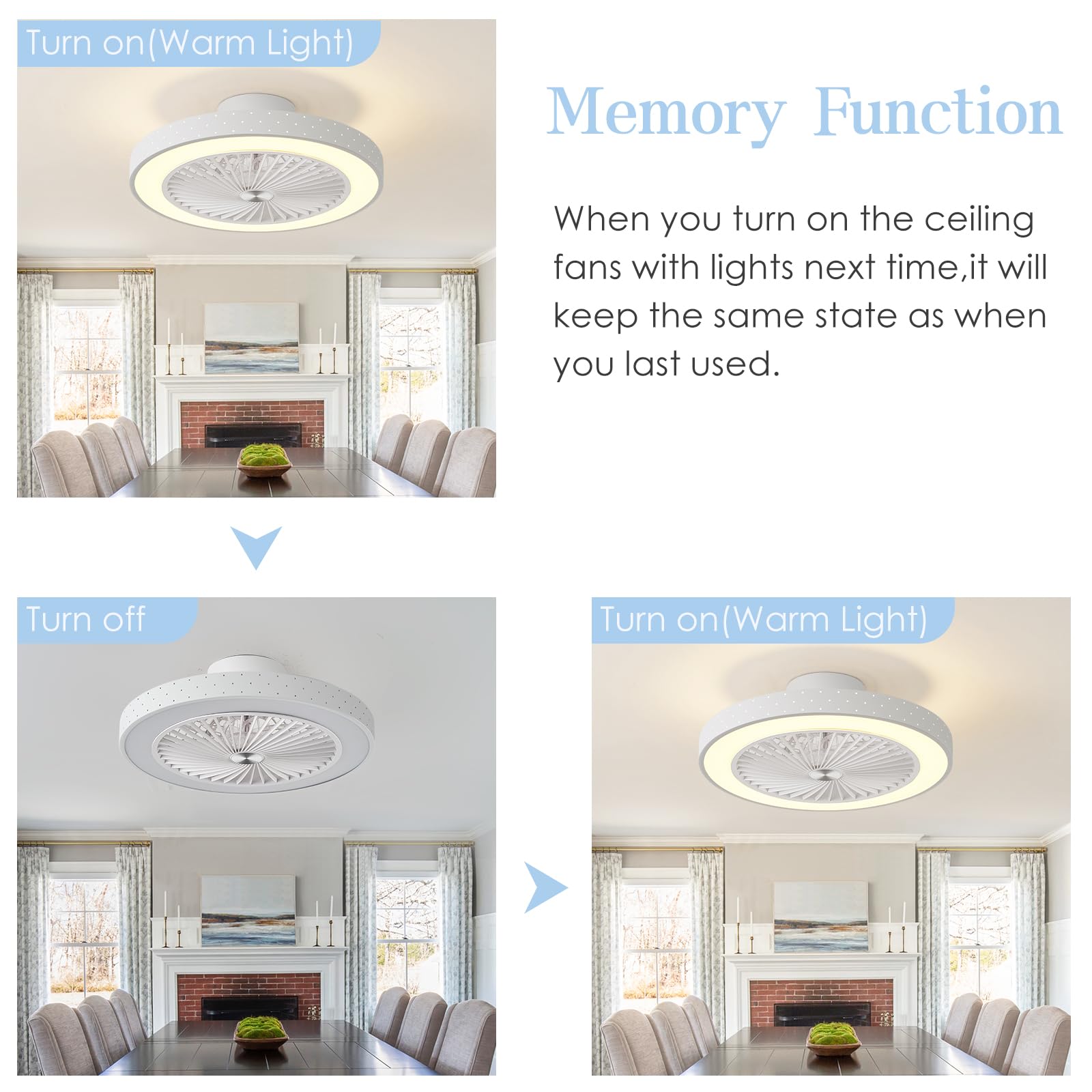 POWROL Ceiling Fans with Lights Low Profile Flush Mount with Remote Control 3 Wind Speeds Dimmable 3 Colors Iron 19Inch Invisible 8 Bladeless Enclosed White Fan Light for Bedroom Kitchen
