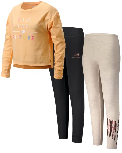 New Balance Girls Active Leggings Set 3 Piece T-Shirt, and Leggings Activewear Set, Size 78, MangoOatmeal
