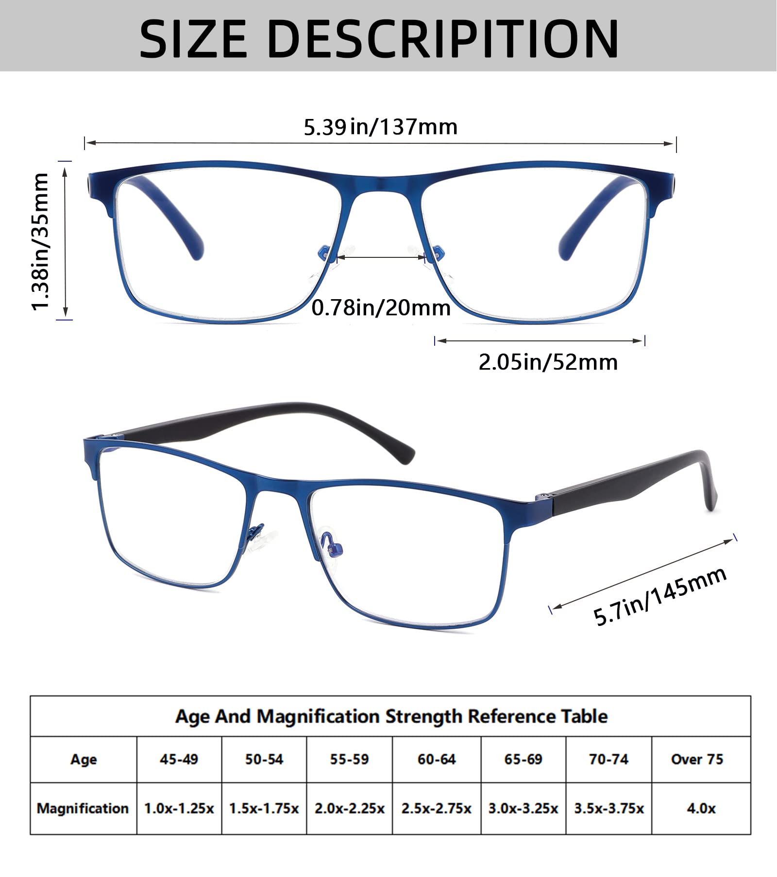 DILLY VISION 4-Pack Blue Light Blocking Reading Glasses for Men Stylish Metal Frame Readers with Comfort Spring Hinges Anti Glare UV Filter Eyeglasses, +2.5 STRENGTH