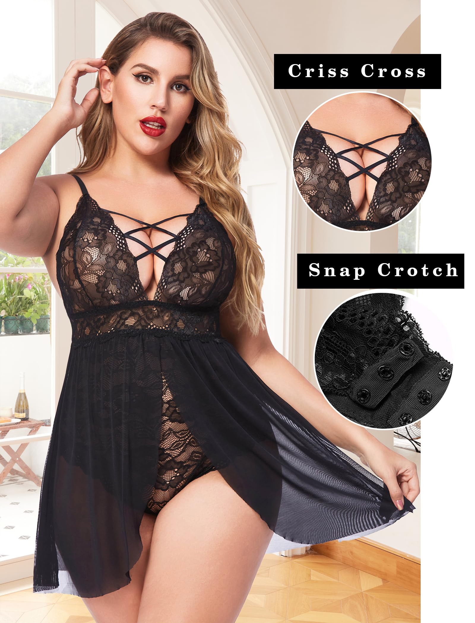 Avidlove Lingerie for Women Plus Size Lace Chemise One Piece Teddy Bodysuit Black