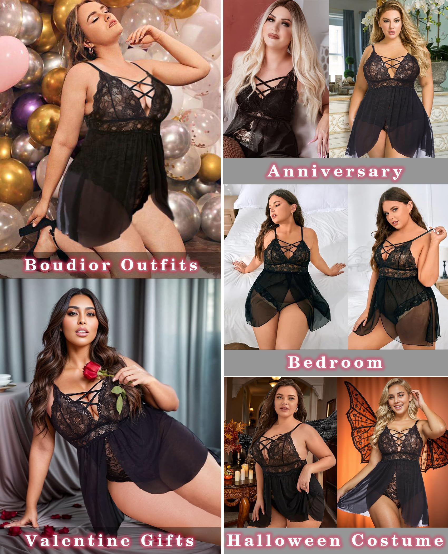 Avidlove Lingerie for Women Plus Size Lace Chemise One Piece Teddy Bodysuit Black