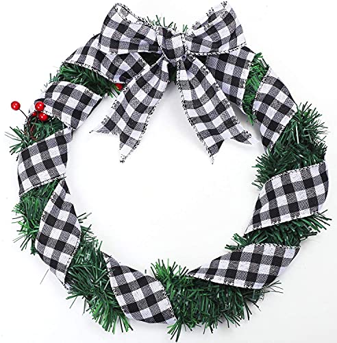 Christmas Plaid Wired Ribbons Gingham Burlap Ribbon,White and Black Wrapping Ribbon Plaid Ribbon for Christmas Decoration Crafts Making
