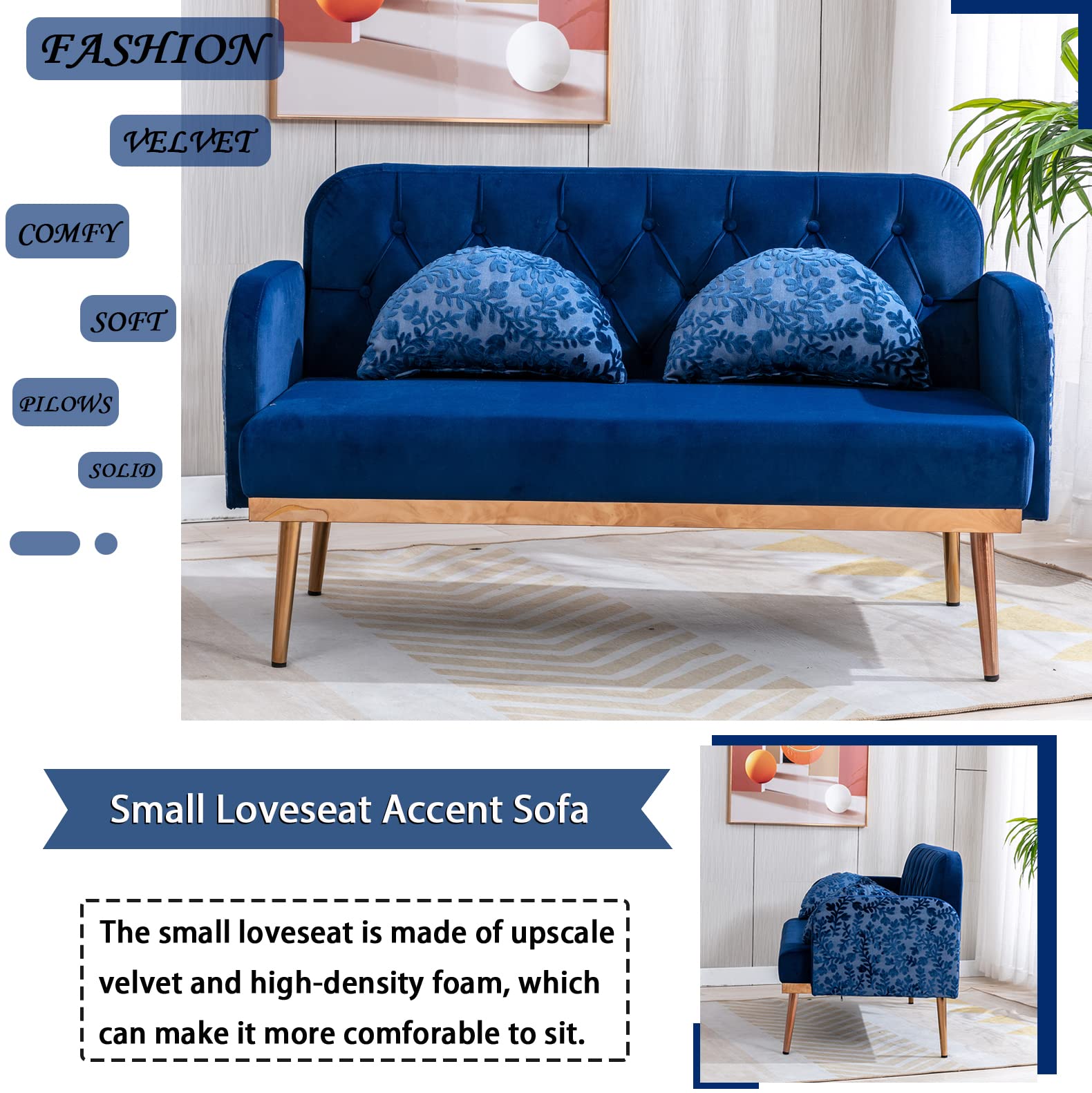 55-inch Small Velvet Couch with Elegant Moon Shape Pillows, Twin Size Loveseat Accent Sofa with Golden Metal Legs, Living Room Sofa with Tufted Backrest, 600 Pounds Weight Capacity, Navy Blue