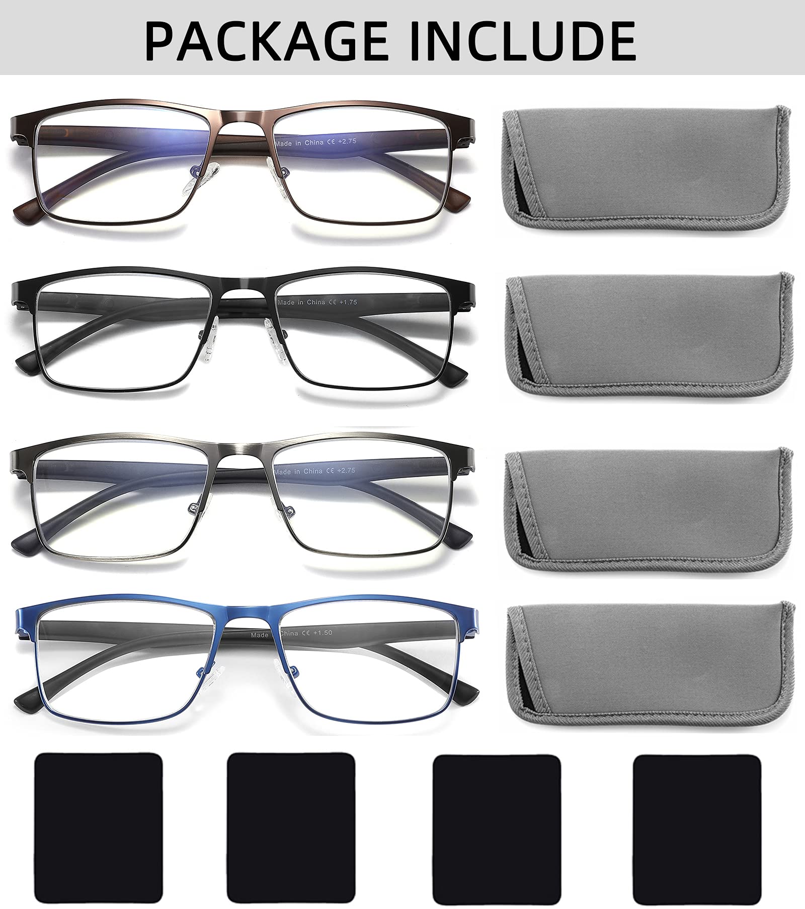 DILLY VISION 4-Pack Blue Light Blocking Reading Glasses for Men Stylish Metal Frame Readers with Comfort Spring Hinges Anti Glare UV Filter Eyeglasses, +2.5 STRENGTH